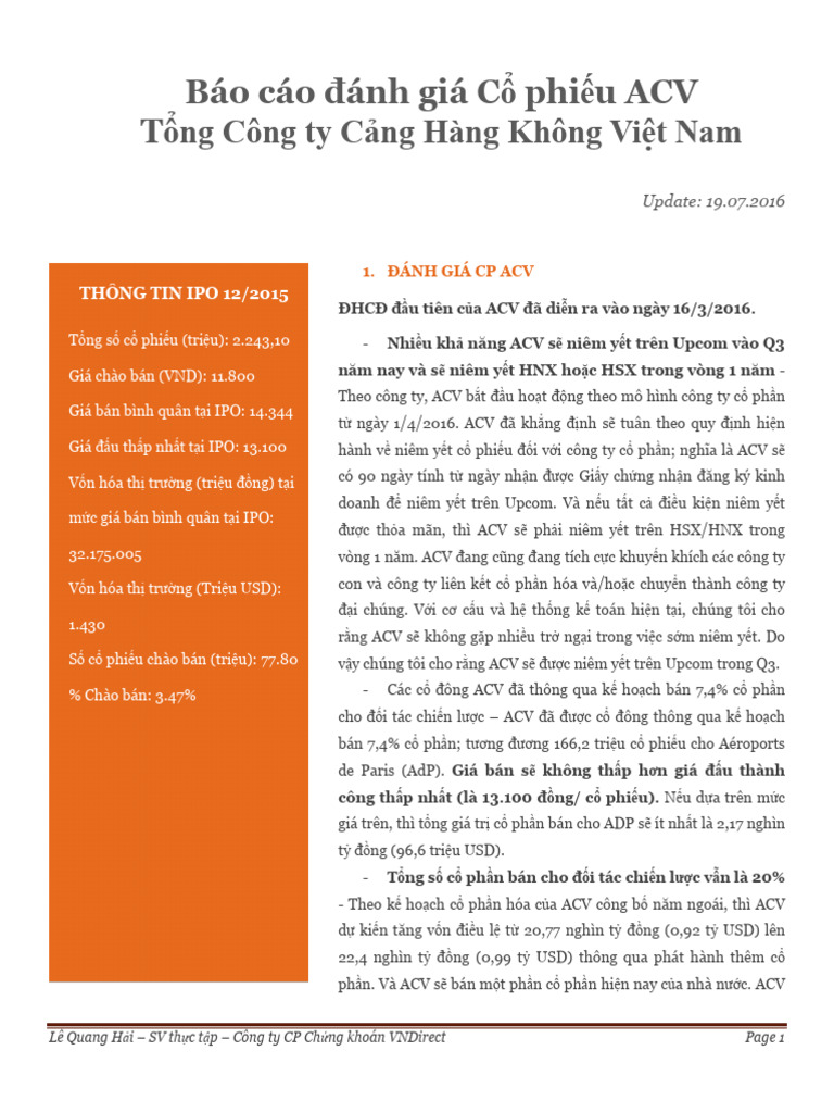 Báo Cáo Đánh Giá CP ACV | PDF