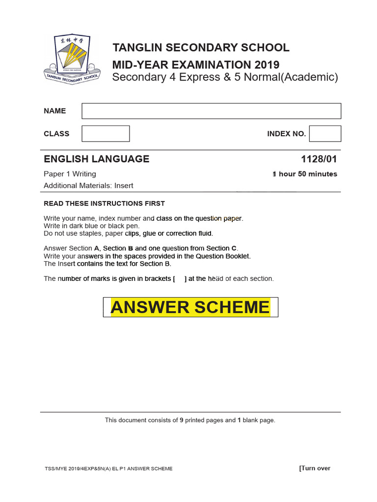 2019 Sec 4 English SA1 Tanglin Secondary Answer | PDF