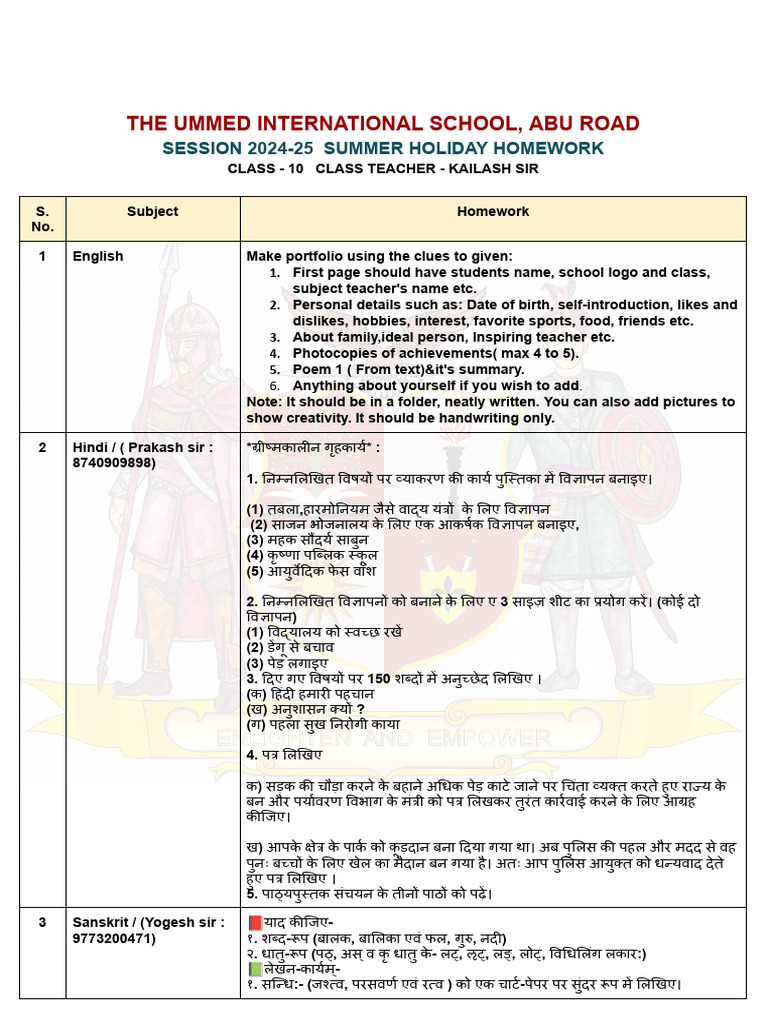 Class 10 Summer Holiday Homework | PDF | Polynomial | Zero Of A Function