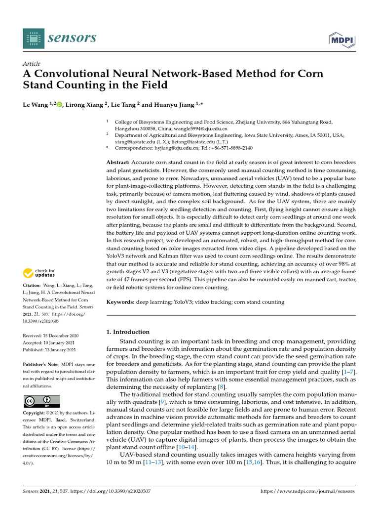 A Convolutional Neural Network Based Method For Corn Stand Counting In The Field 2021 Pdf
