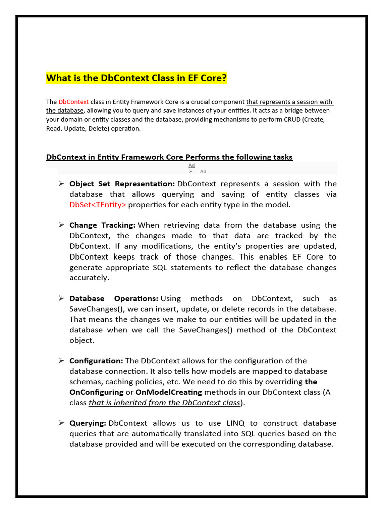 3what Is The Dbcontext Class In Ef Core Pdf Databases Entity Framework 