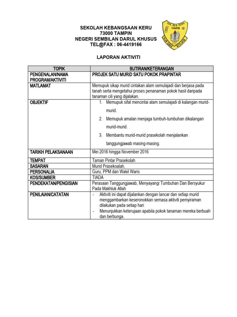 Laporan Aktiviti Program Satu Murid Satu Pokok | PDF