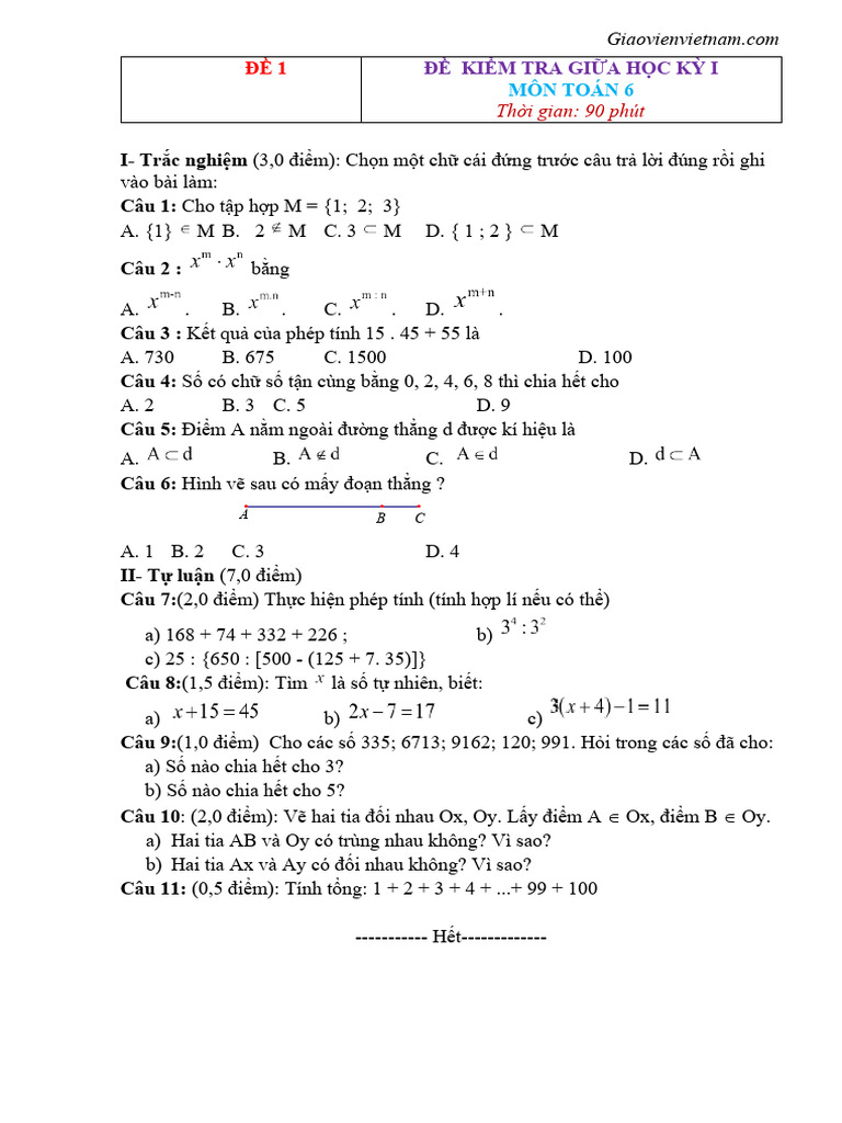 Bo de KT Giua HK1 Toan 6 | PDF