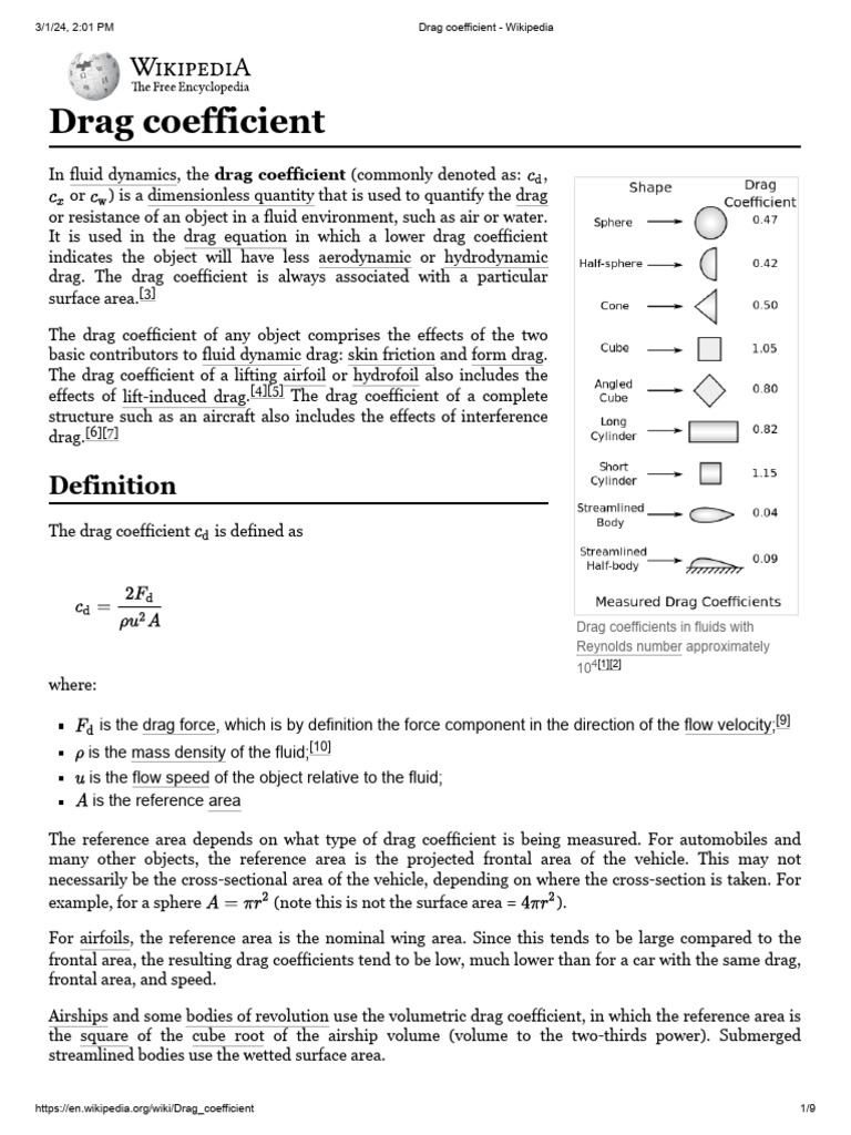 Drag Coefficient - Wikipedia | PDF | Reynolds Number | Physical Phenomena