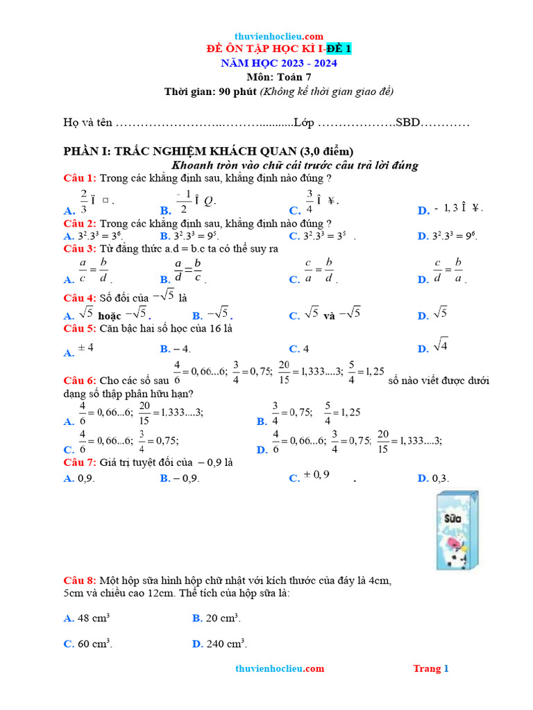 De On Tap HK1 Toan 7 KNTT 23 24 | PDF