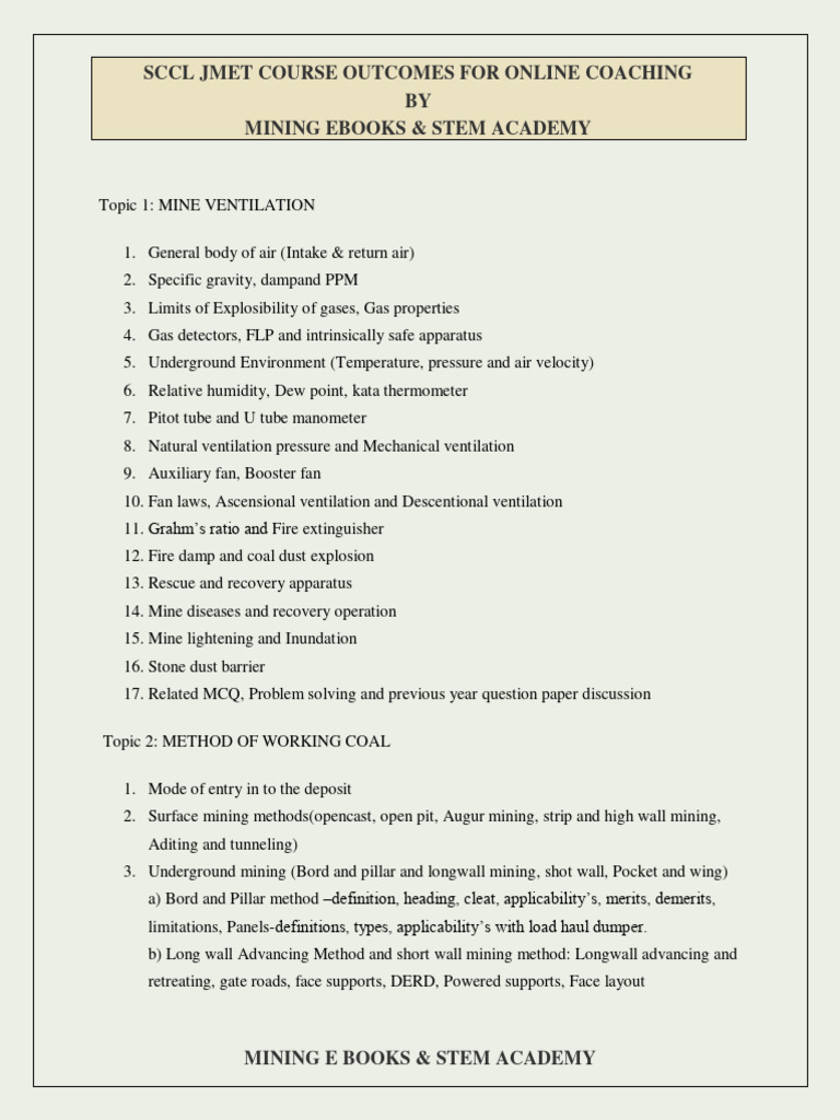 Jmet Syllabus SCCL Stem Academy | PDF | Surveying | Mining