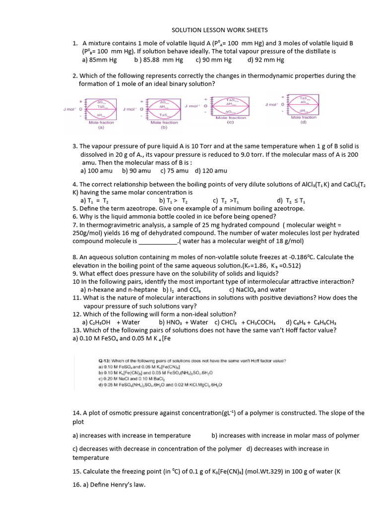 SOLUTION LESSON WORK SHEETS | PDF | Mole (Unit) | Water