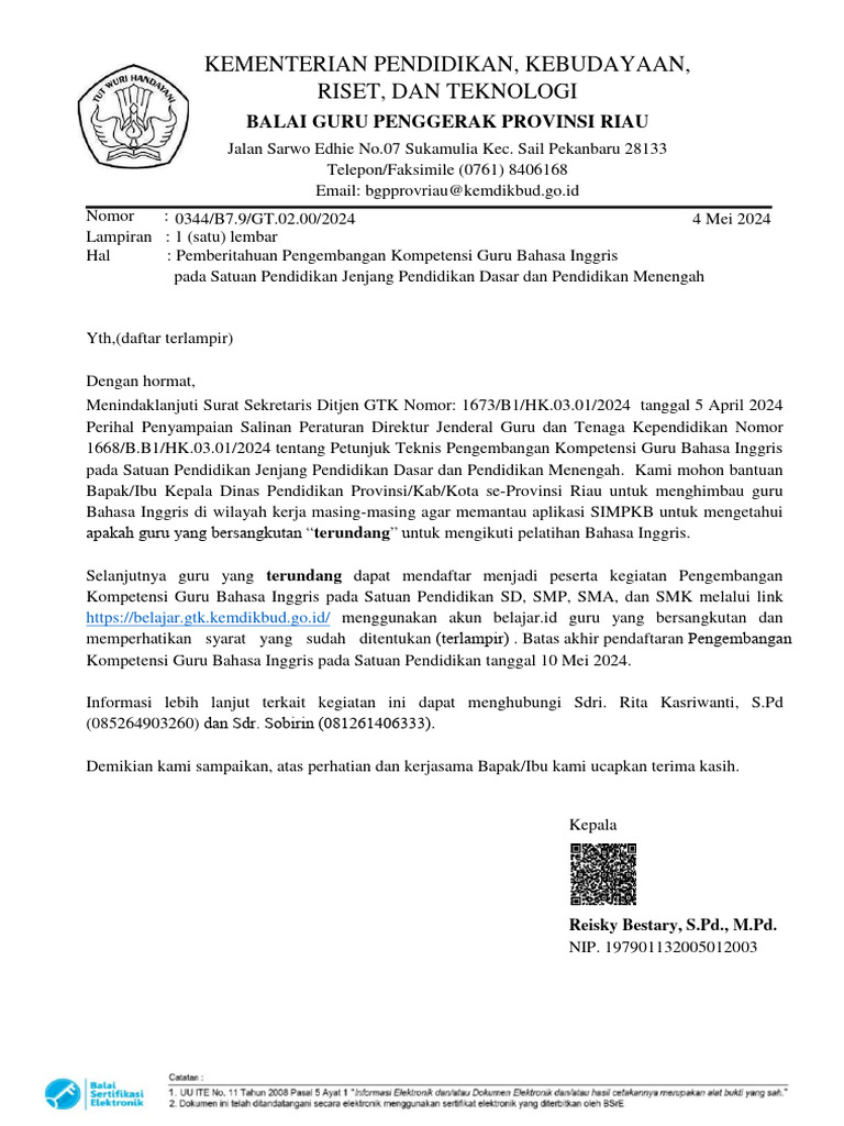 Rev3 Surat Pemberitahuan Pengembangan Kompetensi Guru Bahasa Inggris Pdf