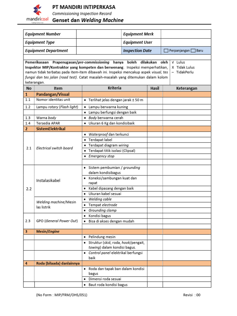M.OHS.051 Form Commisioning Genset Dan Welding Machine | PDF