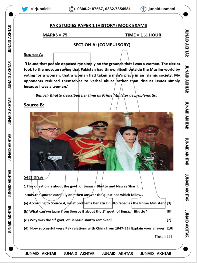 Pak Studies Mock Exam Paper 2059/01 | PDF | Benazir Bhutto | Pakistan