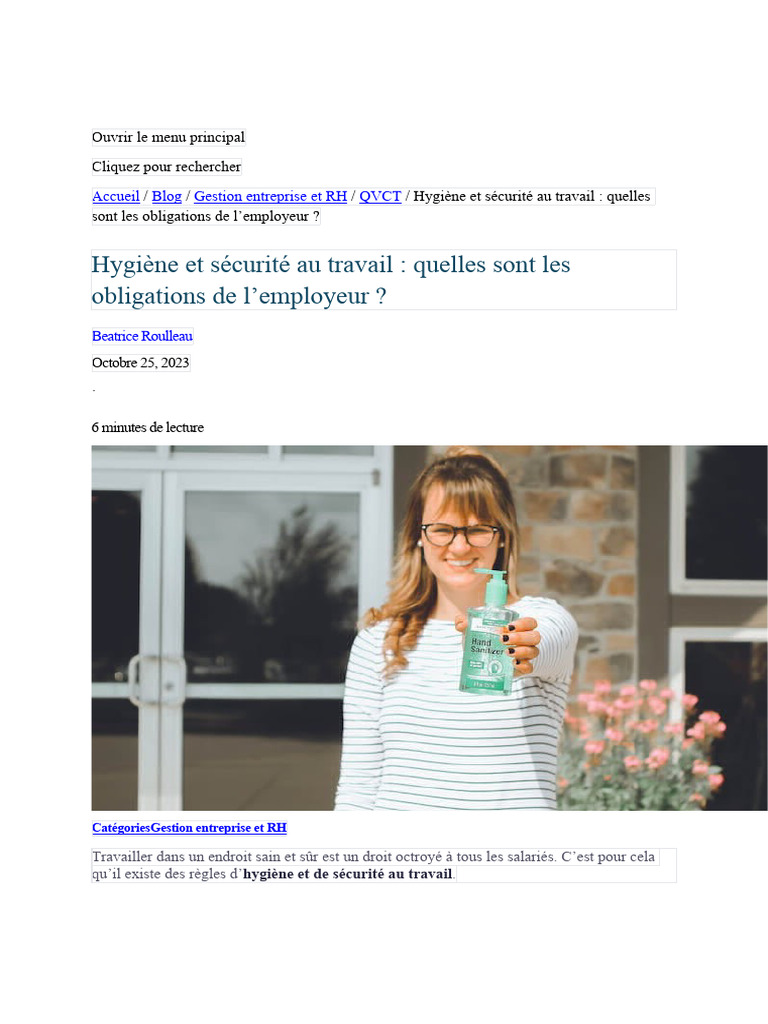 Obligations Employeur: Hygiène & Sécurité | PDF | Santé et sécurité au ...