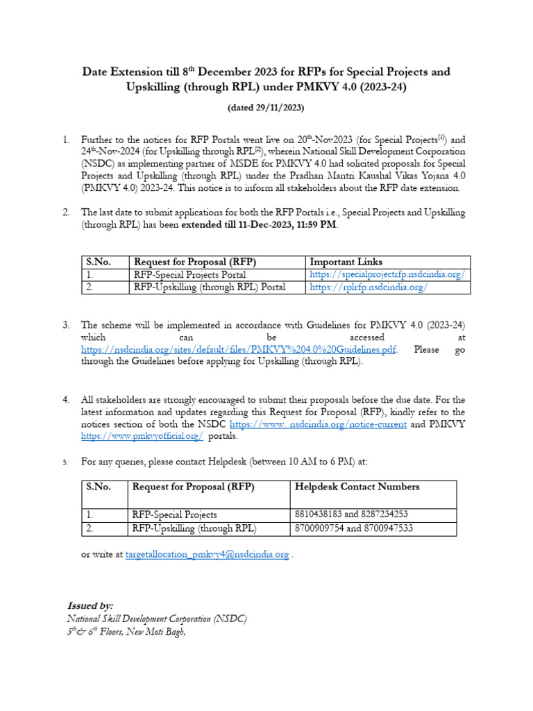 Public Notice For RFP Application Date Extension Till 11-Dec-2023 For ...