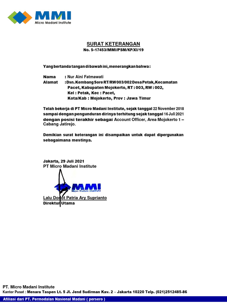 Surat Keterangan Kerja Nur Aini | PDF