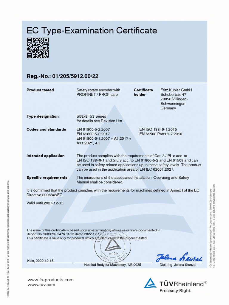 Zertifikat TUV PLe SIL3 Sendix S58x8FS3 PROFIsafe de en | PDF