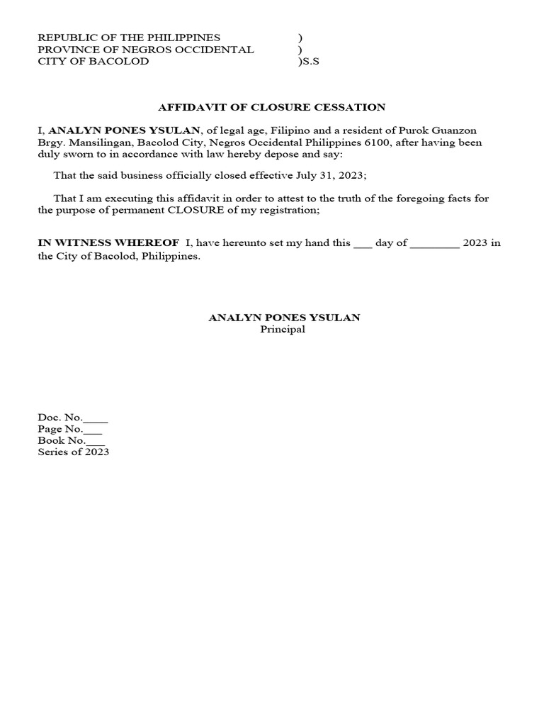 Affidavit of Business Closure 2023 | PDF | Social Science | Wellness