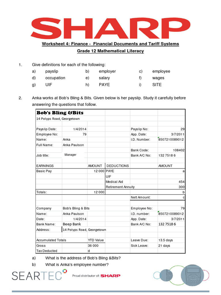 Grade 12 Finance Worksheet: Payslips & Loans | PDF | Interest | Taxes