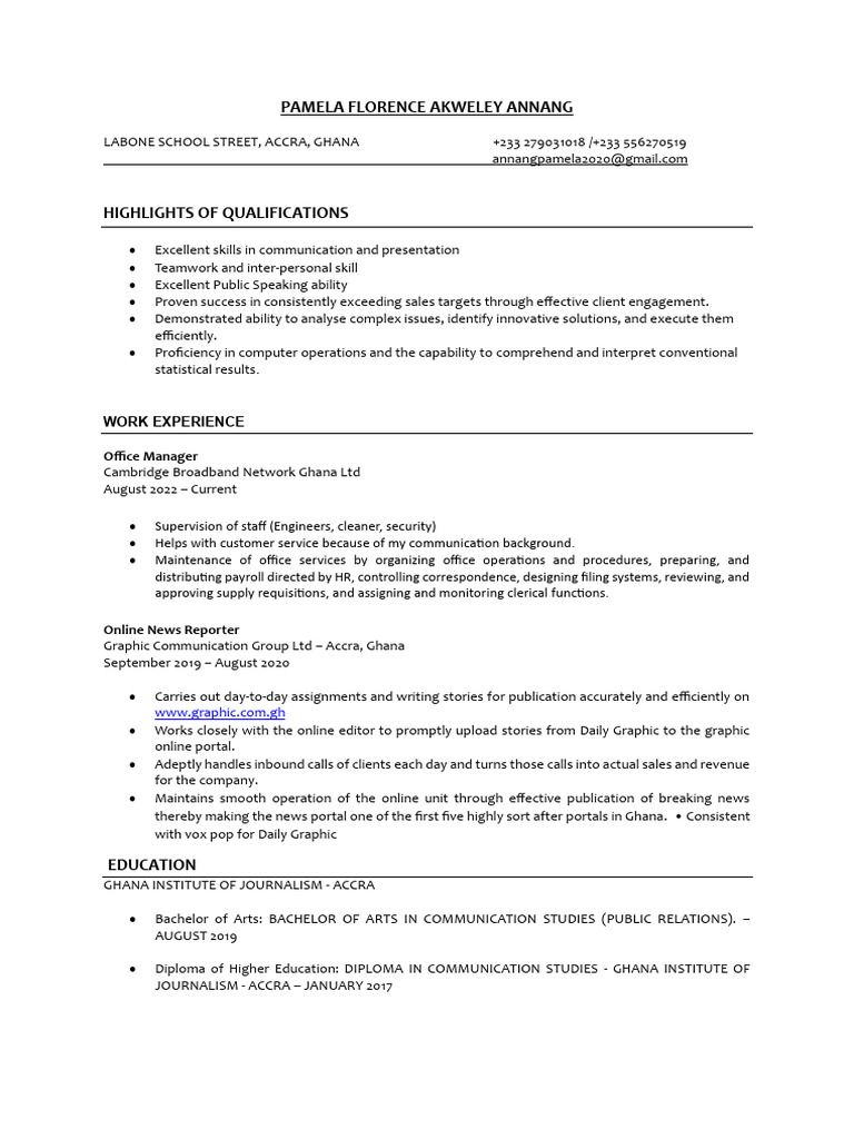 Pamela Florence Akweley Annang One Page Resume | PDF