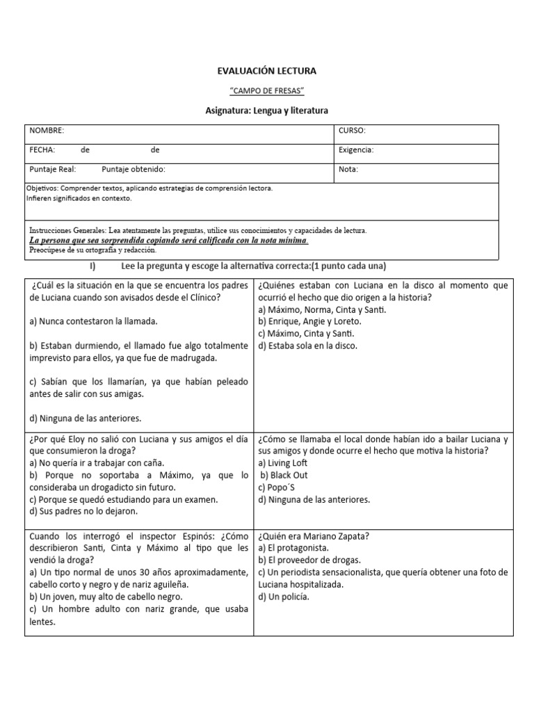 EVALUACIÓN LECTURA Campo de Fresas | PDF
