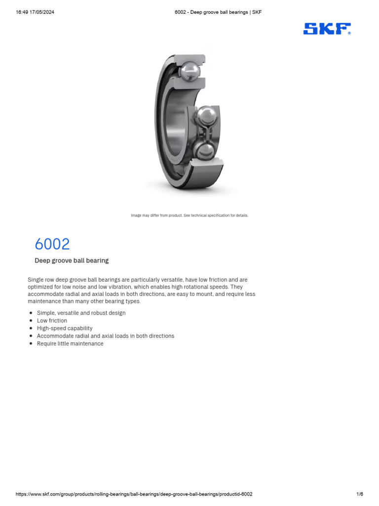 SKF 6002 Deep Groove Ball Bearing Specs | PDF | Bearing (Mechanical ...