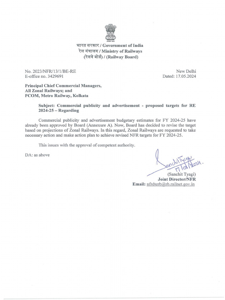 Letter To Zones Regarding Revised BE Targets 17.05.2024 | PDF | Rail ...