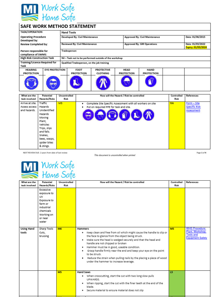 SWMS - Hand Tools | Download Free PDF | Hazards | Personal Protective ...