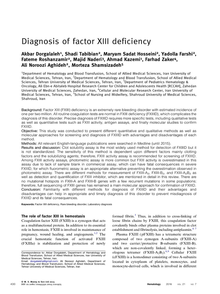 Diagnosis of Factor XIII Deficiency | PDF | Coagulation | Platelet