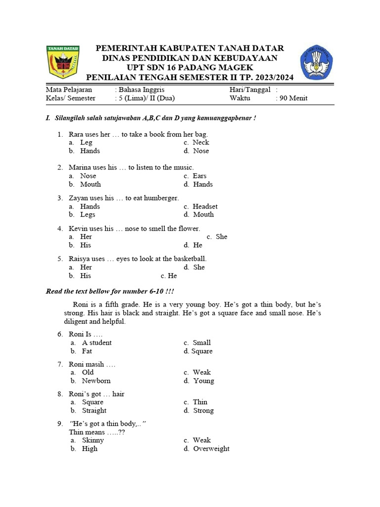 Soal PTS B.ing Class 5 SD. SMT 2 | PDF