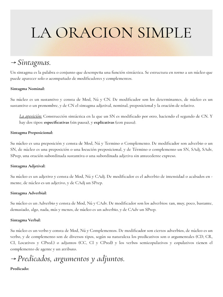 Oración Simple | PDF | Verbo | Adverbio