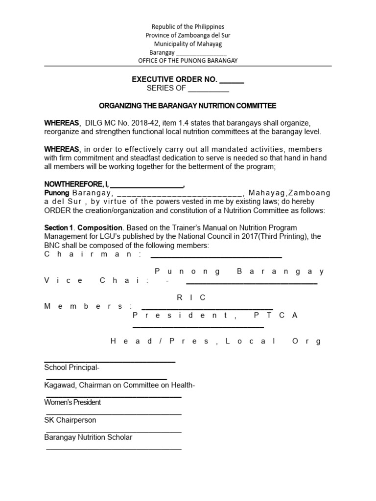EXECUTIVE ORDER ORGANIZATION OF Brgy Nutrition Committee | PDF | Government