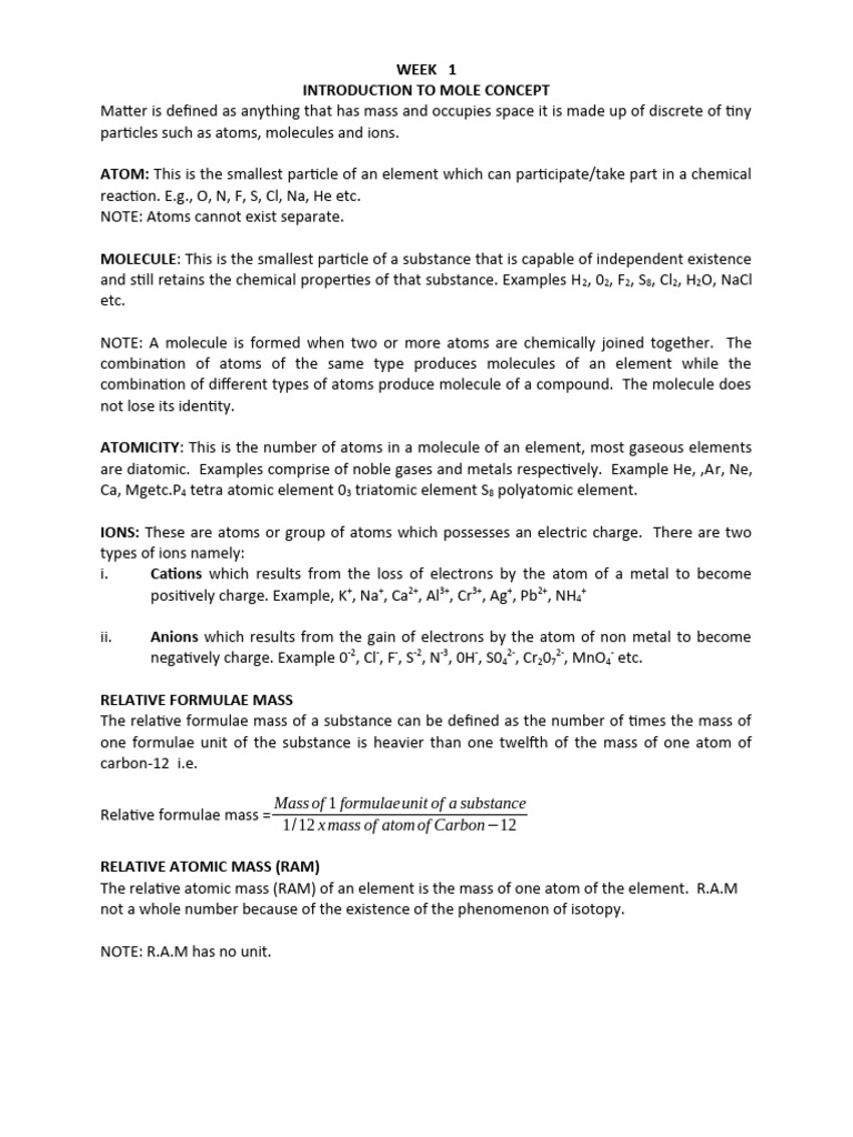 ss1 note wk1 to 3 | PDF | Mole (Unit) | Molecules