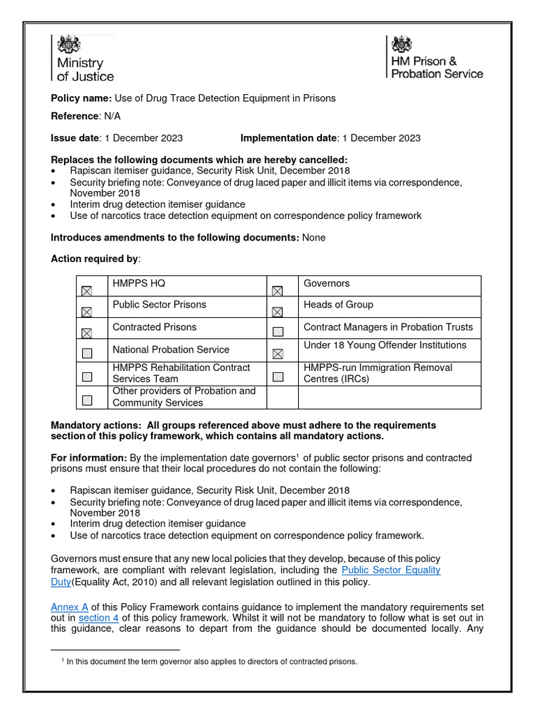 Use Drug Trace Detection Equipment Prisons Policy Framework | PDF ...