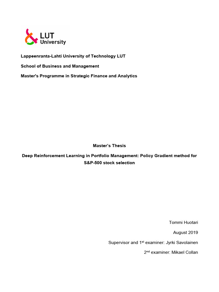 Good - Master Thesis - Deep Reinforcement Learning in Portfolio Management Policy Gradient ...