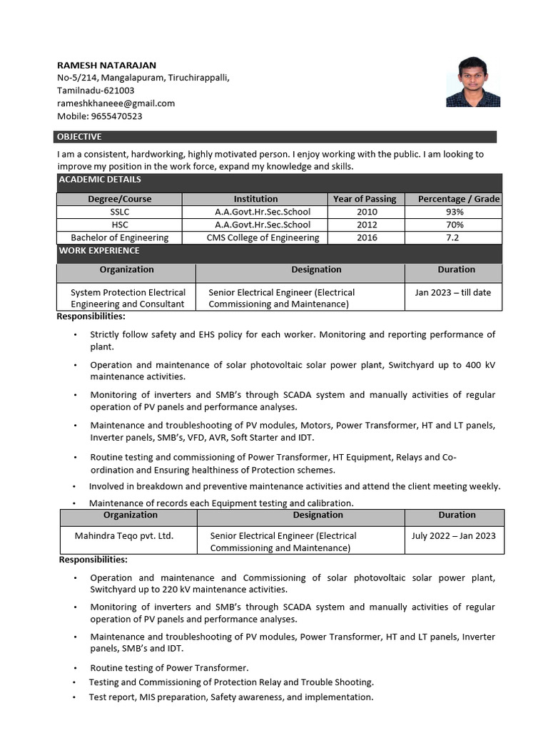 Ramesh Resume | PDF | Power Station | Photovoltaic System