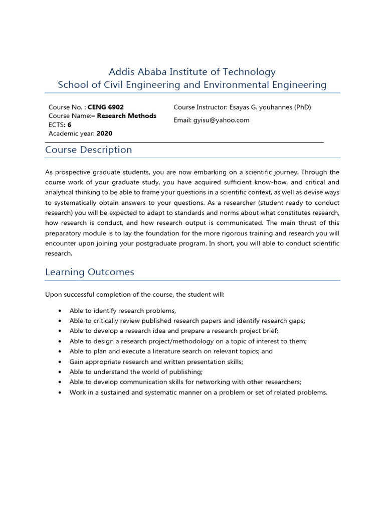 Course Outline - Research Methods - Esayas | PDF | Methodology | Cognition