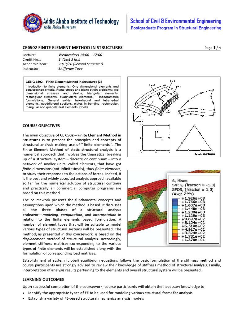 CE6502 Finite Element Method in Structures - Course Outline 2019.20 II | PDF | Structural ...