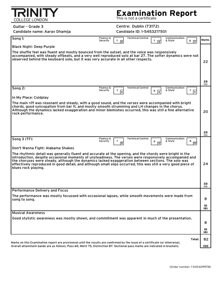 Grade 3 Guitar Examination Report | PDF | Song Structure | Music Theory
