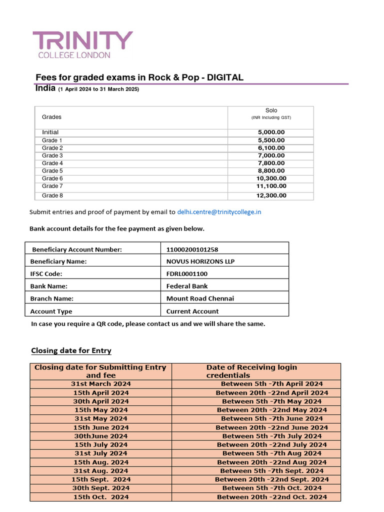 India - Rock & Pop Grades - DGD Exam Fees - 2024-2025 | PDF | Payments
