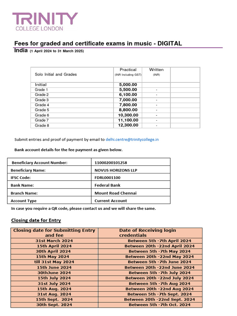 India - Music Grades - DGD Exam Fees - 2024-2025 | PDF | Payments