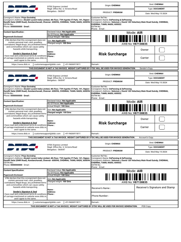 DTDC Premium Document Shipment Details | PDF | Mail | Tamil Nadu