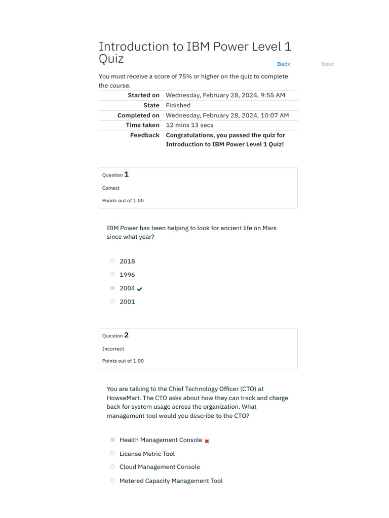 Introduction To IBM Power Level 1 Quiz - Attempt Review | PDF | Cloud Computing | Information ...
