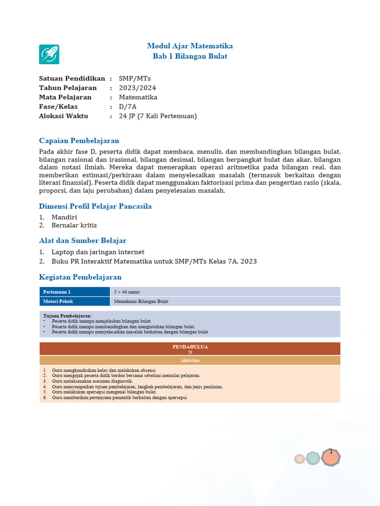 Modul Ajar PR Matematika 7A 2023-2024 Bab 1 | PDF | Karier & Perkembangan