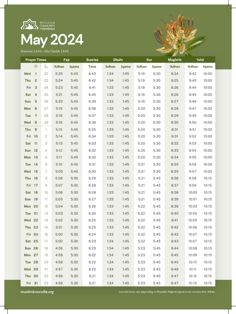 MCK D01 Prayer Times 2024 05 May L01 | PDF | Sharia | Prayer