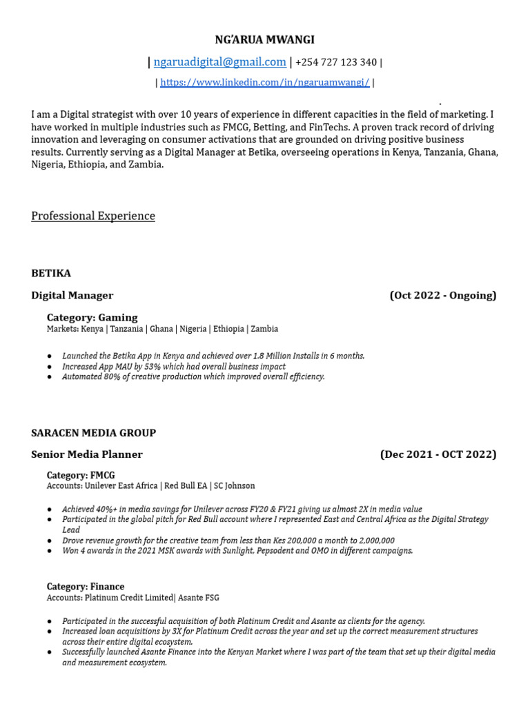 Kevin Ng'Arua Mwangi Resume - Short Version - 2 | PDF | Marketing