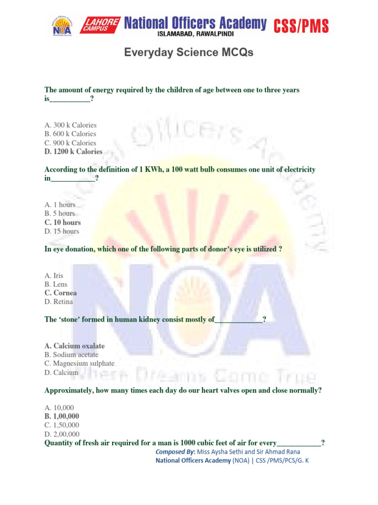 NOA Everyday Science MCQs- 04 | PDF | Atmosphere Of Earth | Earth