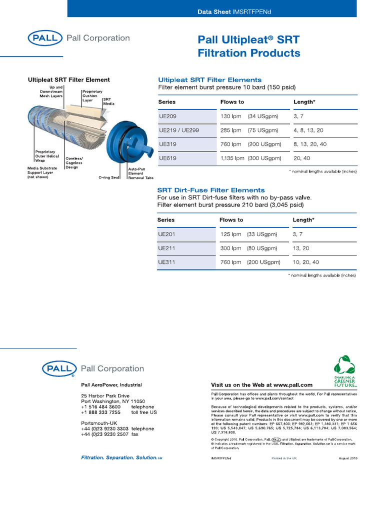 Pall Ultipleat SRT Filtration Products - Datasheet IMSRTFPEN | PDF