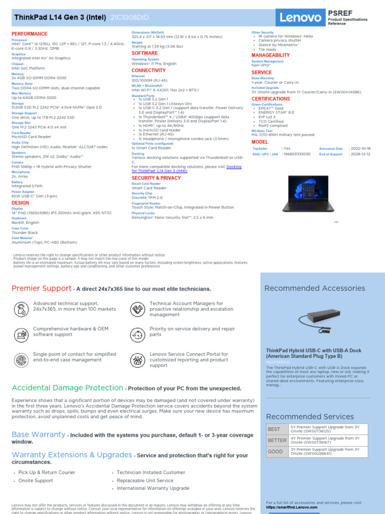 ThinkPad_L14_Gen_3_Intel_21C1008DID | PDF | Usb | Computer Engineering