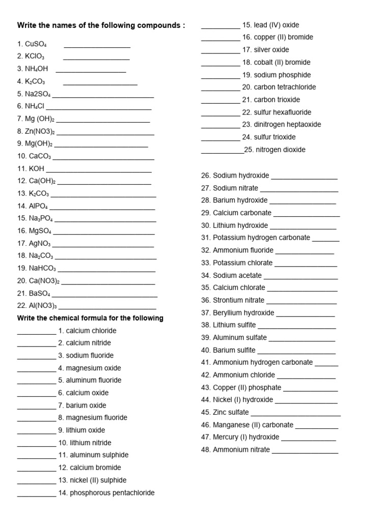 Write The Names of The Following Compounds | PDF | Hydroxide | Calcium