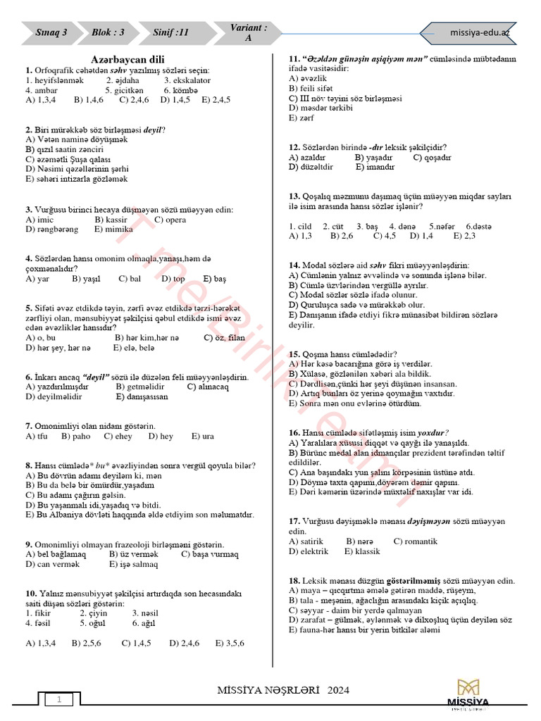 Blok 3, 11-ci sinif 21.01.2024 | PDF