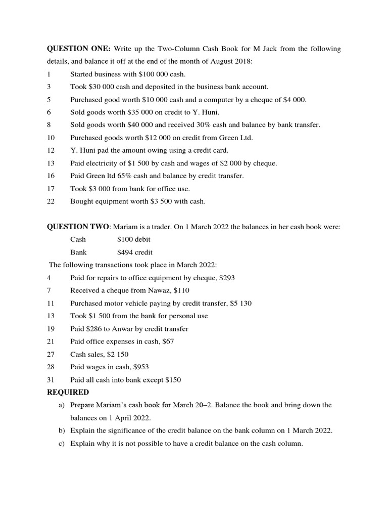 Two-Column Cash Book Exercises | PDF | Business | Finance & Money ...