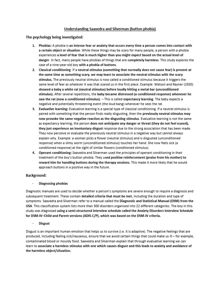 Button Phobia: Saavedra & Silverman Study | PDF | Phobia | Anxiety Disorder